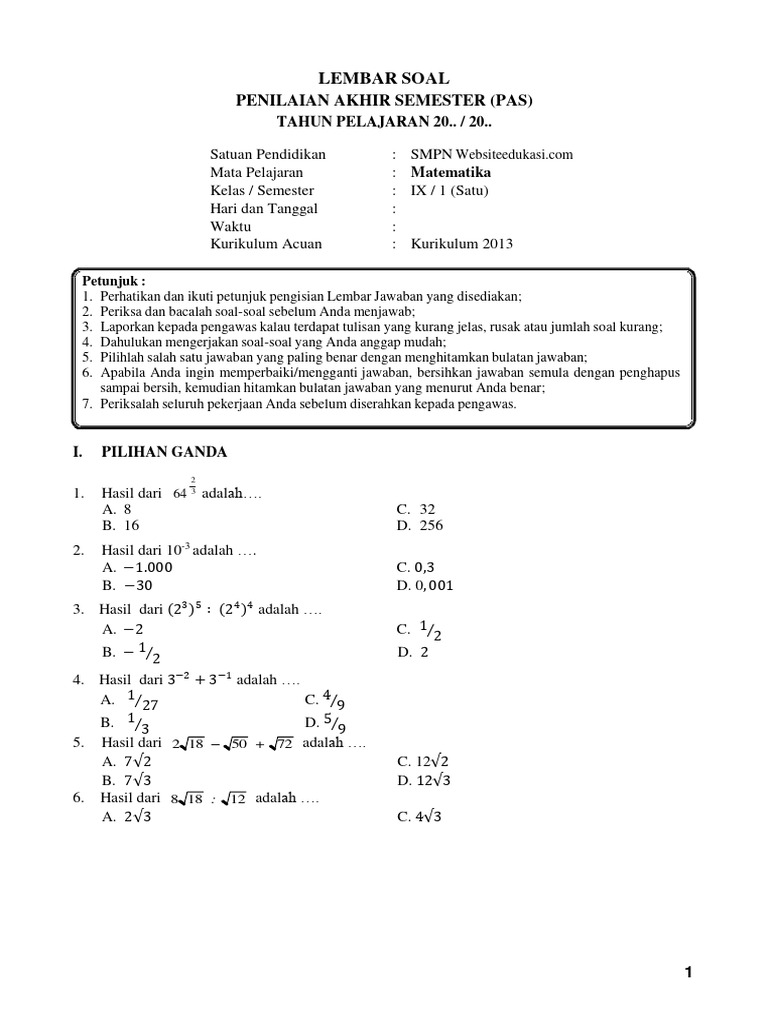 Soal Pas MTK KLS 9 K13 | PDF