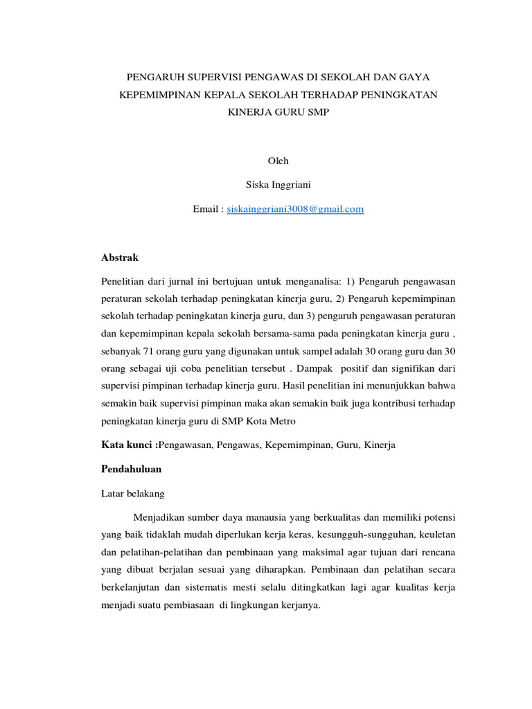 Pengaruh Supervisi Pengawas Di Sekolah Dan Gaya Kepemimpinan Kepala Sekolah Terhadap Peningkatan ...