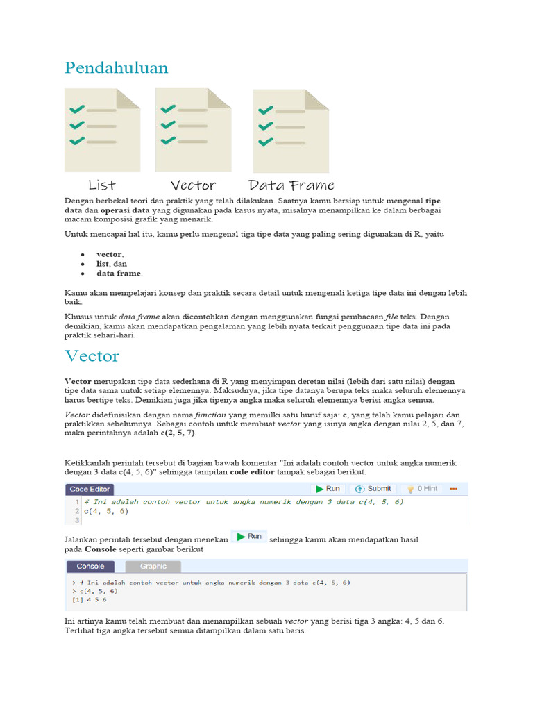 Modul 1,2. Vektor, List, Data Frame, Dalam R | PDF