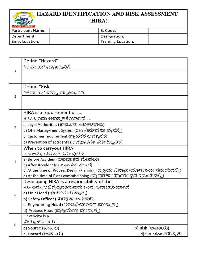 Pre - Kanada HIRA Training Form | PDF