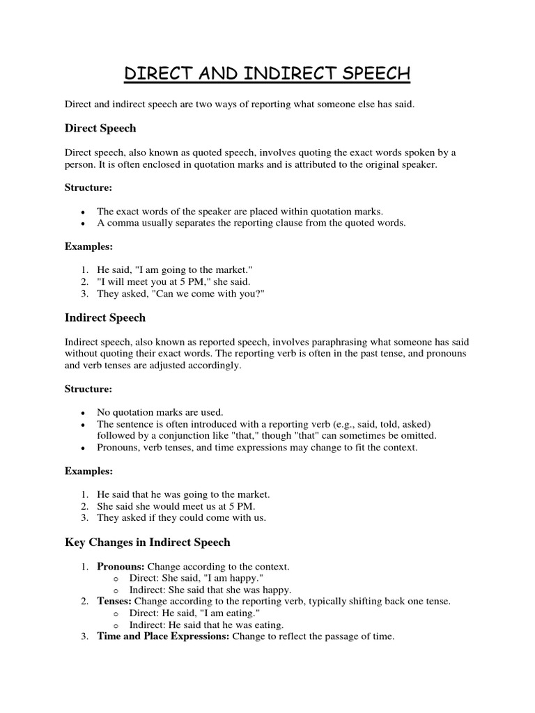 Direct vs Indirect Speech Guide | PDF | Verb | Linguistic Morphology