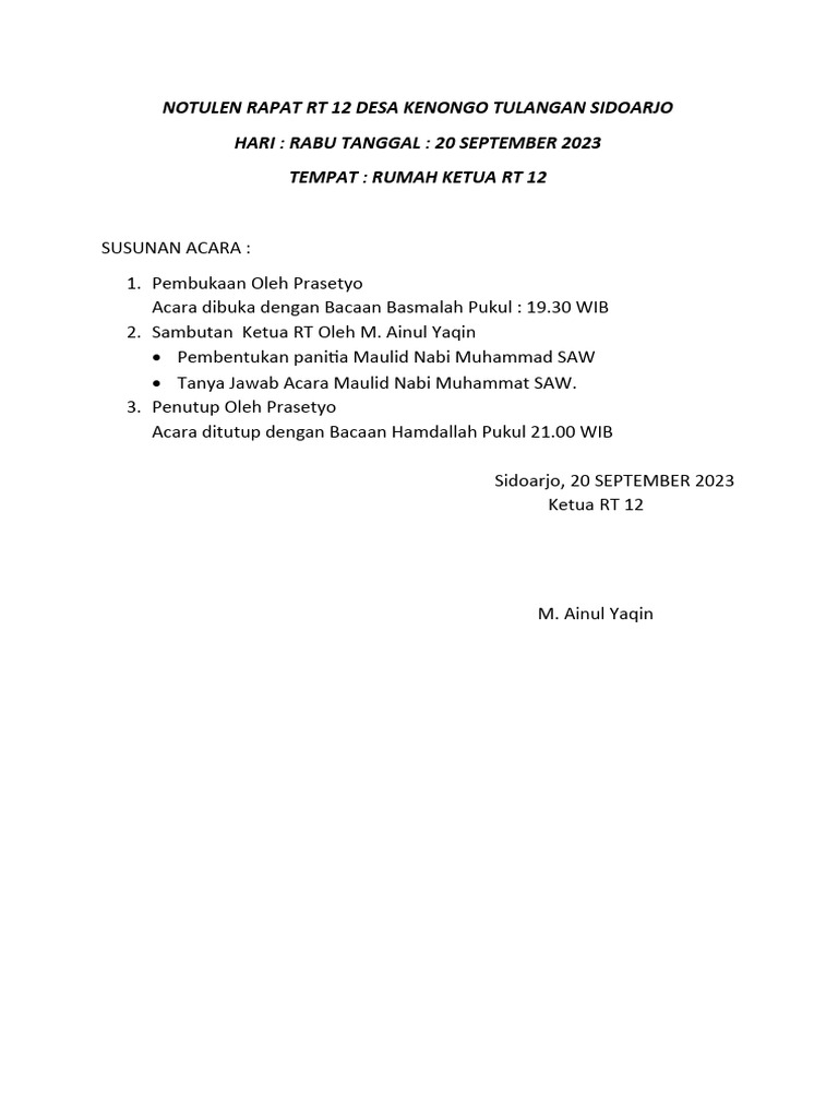 Notulen Rapat RT 12 Desa Kenongo Tulangan Sidoarjo | PDF