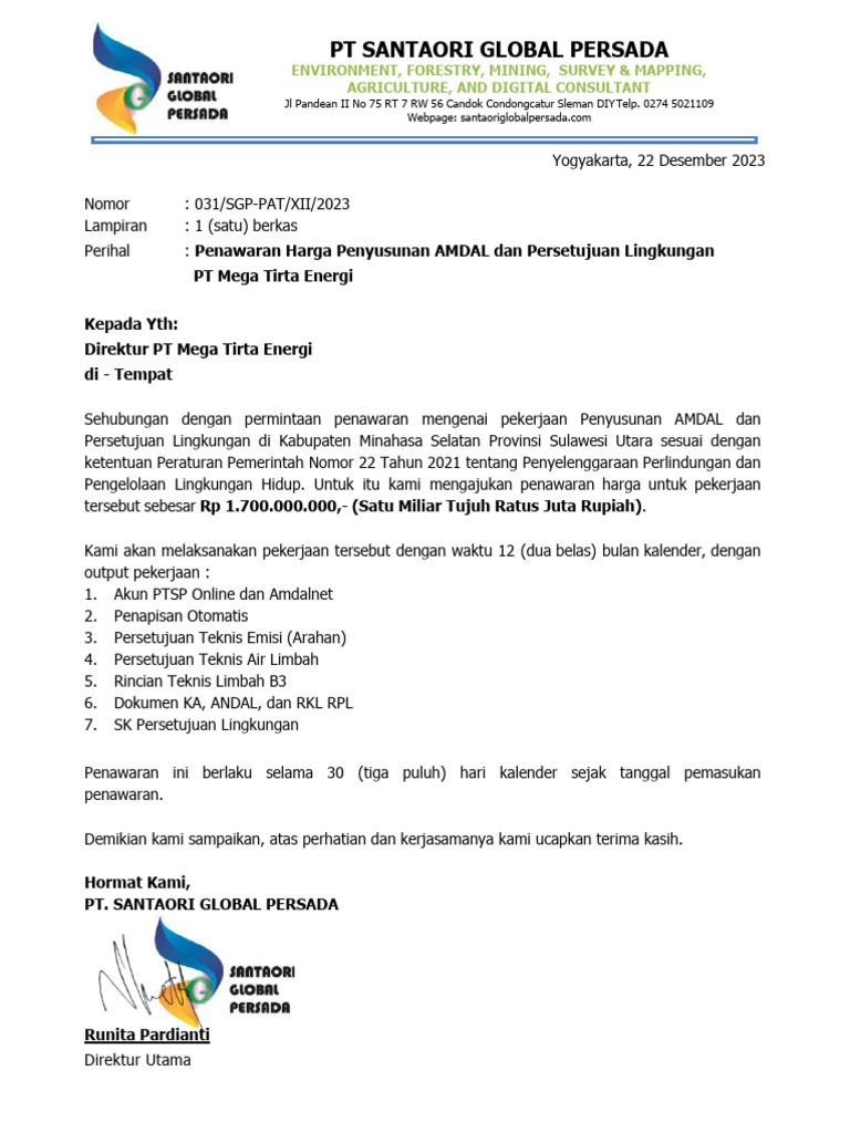 Surat Penawaran Penyusunan AMDAL Dan Persetujuan Lingkungan | PDF