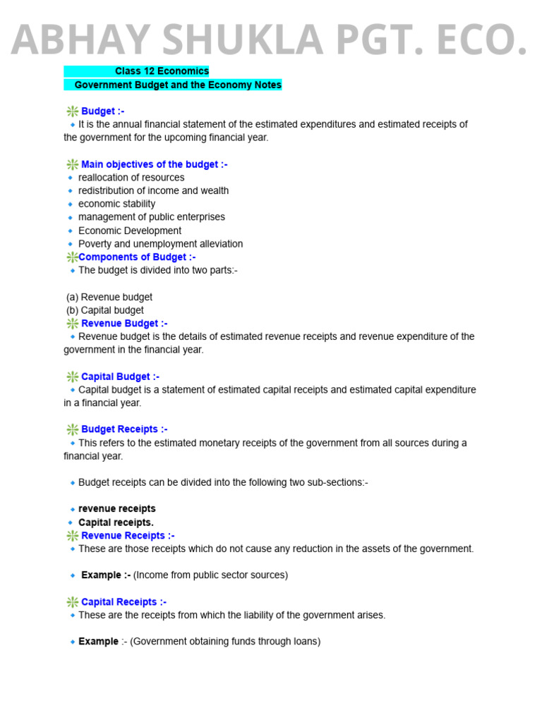 Government Budget and Economy Notes Class - 12th | PDF | Government ...