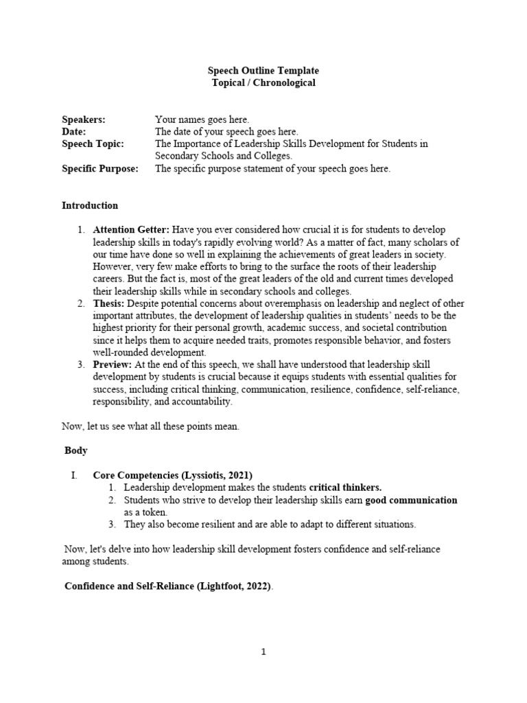 Speech Outline Template Topical / Chronological | PDF | Leadership ...