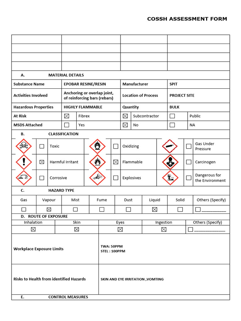 Cossh Assessment-005 Spit Epobar Resin | PDF | Working Conditions | Safety