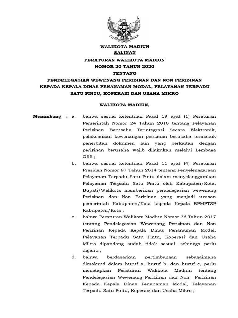 Perwal 20 Tahun 2020 TTG Pendelegasian Wewenang Perizinan Dan Non ...