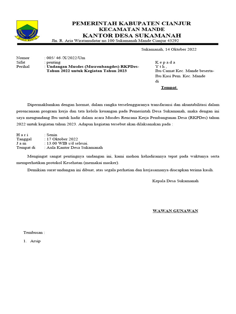 Surat Undangan Musdes 2022 T.A 2023 | PDF