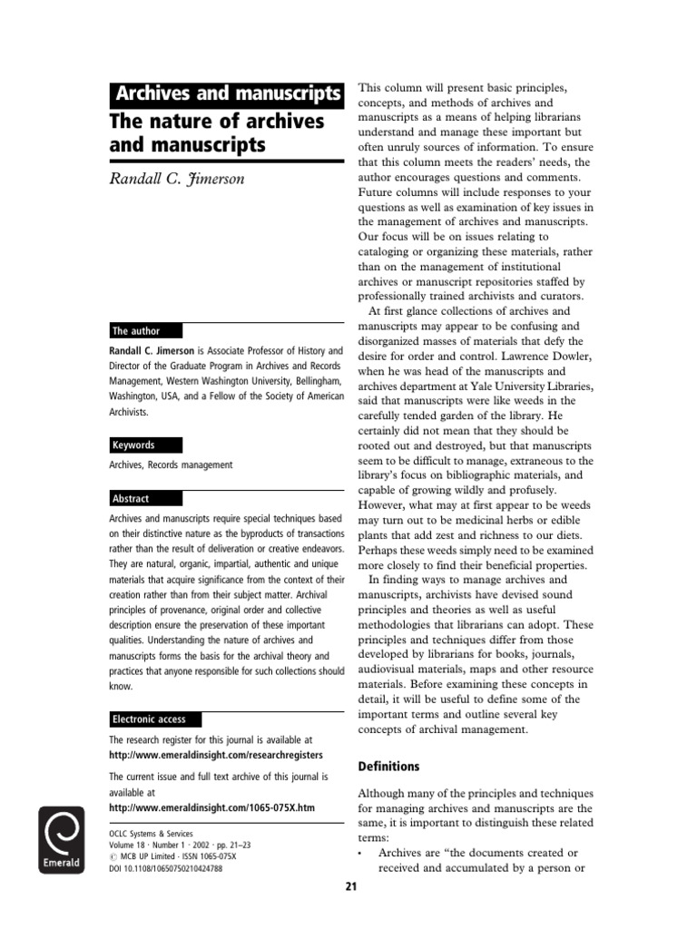 ARTICLE 2 - The Nature of Archive and Manuscripts | PDF | Archive ...