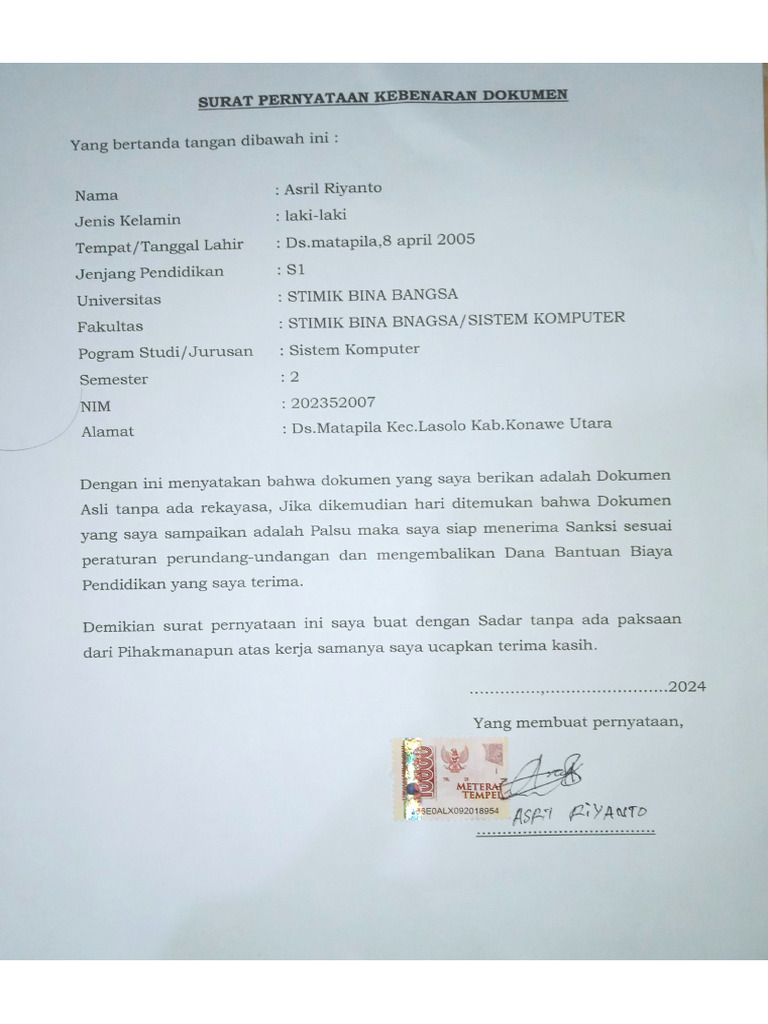 Surat Pernyataan Kebenatan Dokumen Asril Riyanto Pdf