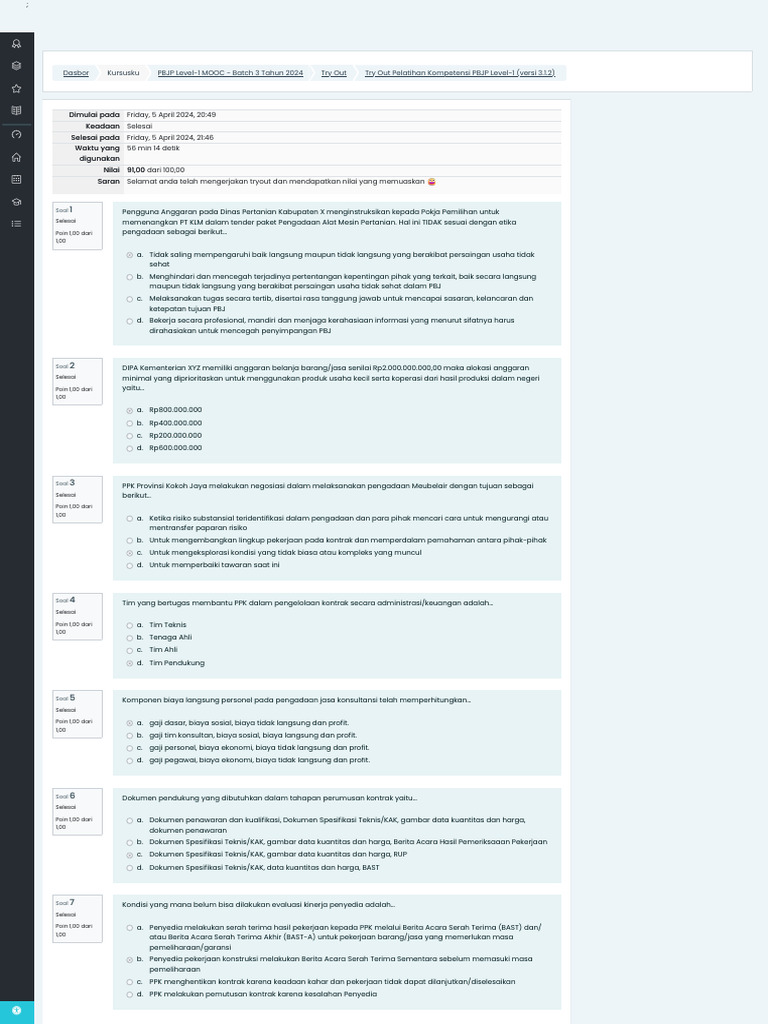 Try Out Pelatihan Kompetensi PBJP Level-1 (Versi 3.1.2) Ulasan Hasil Pengerjaan Kuis PBJ Level 1 ...
