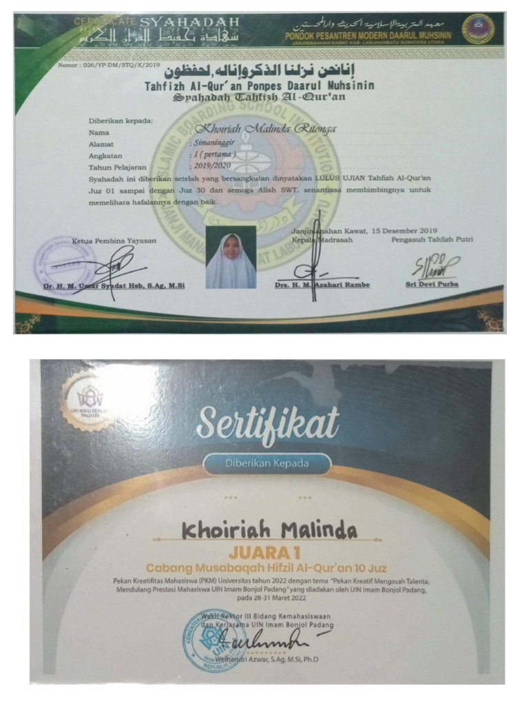 Sertifikat Tahfidz Khoiriah Dan Sertifikat Pendukung | PDF