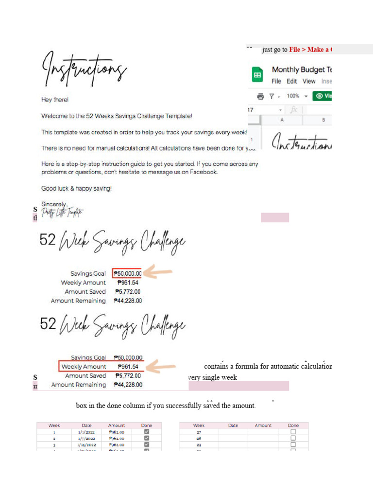 52 Weeks Savings Challenge by Pretty Little Template | PDF