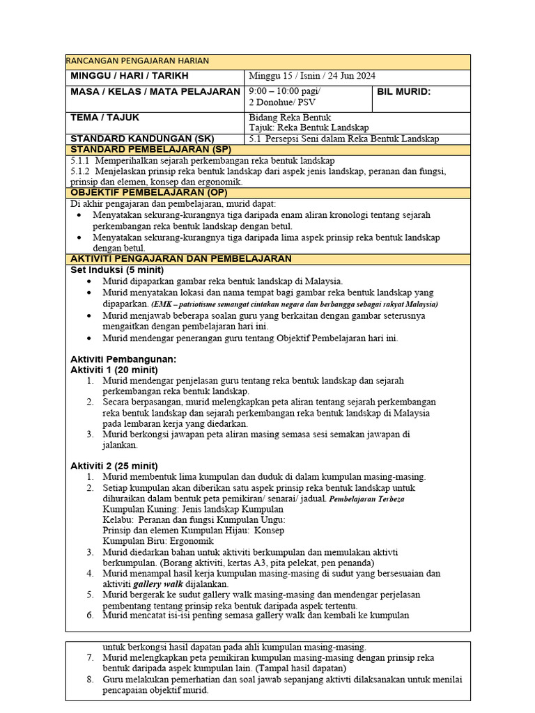 Contoh RPH Reka Bentuk Landskap PSV T2 | PDF