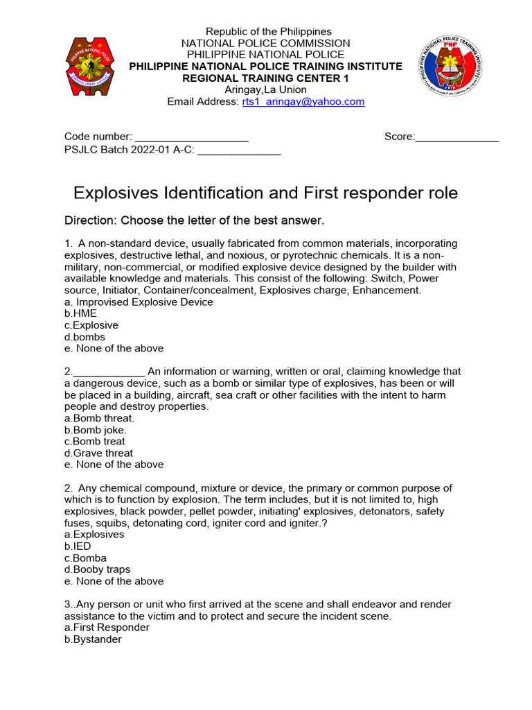 Explosives Identification and First Responder Role Exam | PDF ...