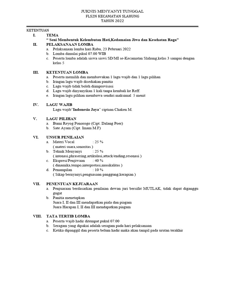 Juknis Menyanyi Tunggal FLS2N 2022 | PDF
