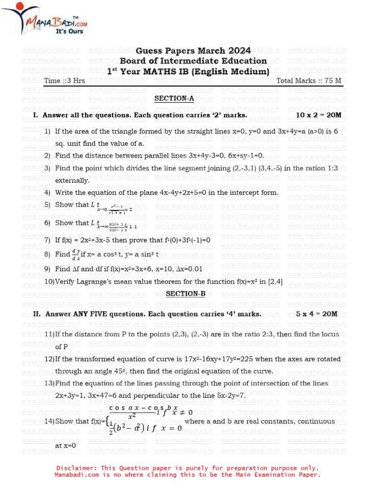 1st Year Maths IB Guess Paper 2024 | PDF | Tangent | Angle