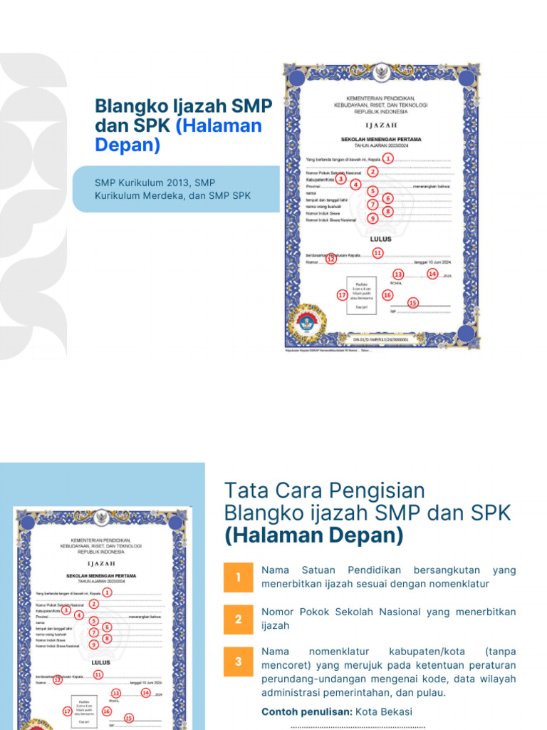 Materi Sosialisasi Blangko Ijazah SMP Tahun 2024 Tampilan Ijazah | PDF