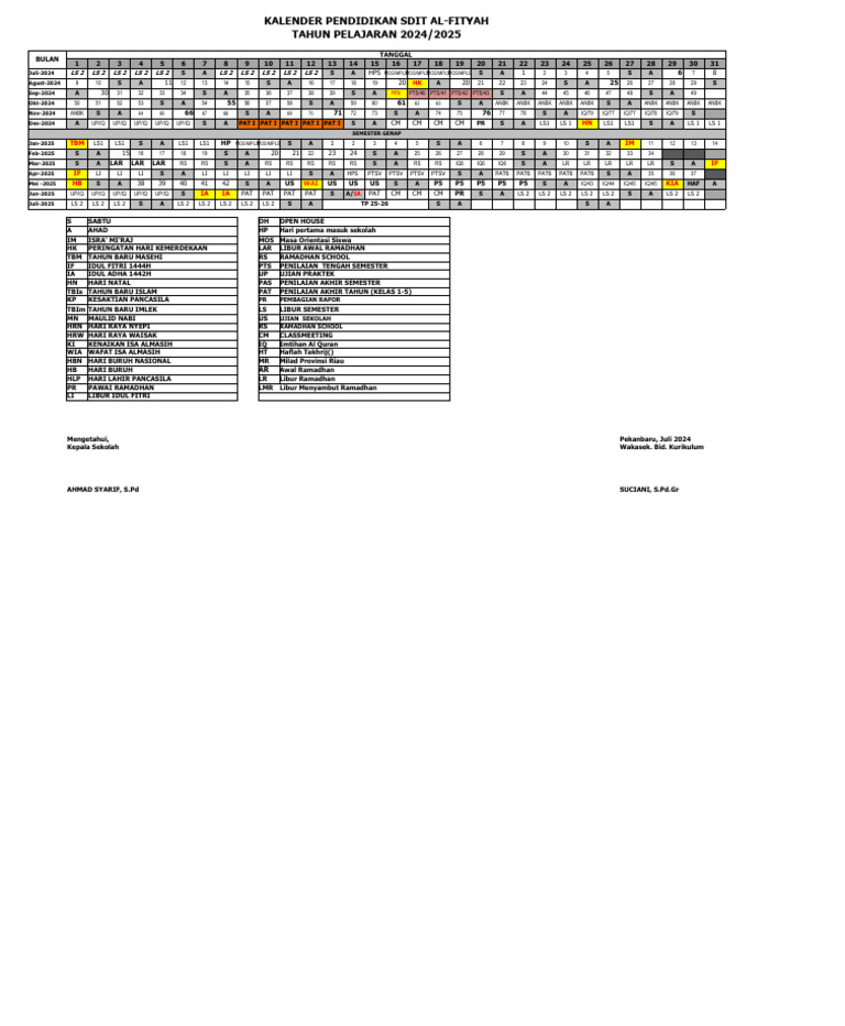 Kalender Pendidikan SDIT Al-Fityah 2024/2025 | PDF