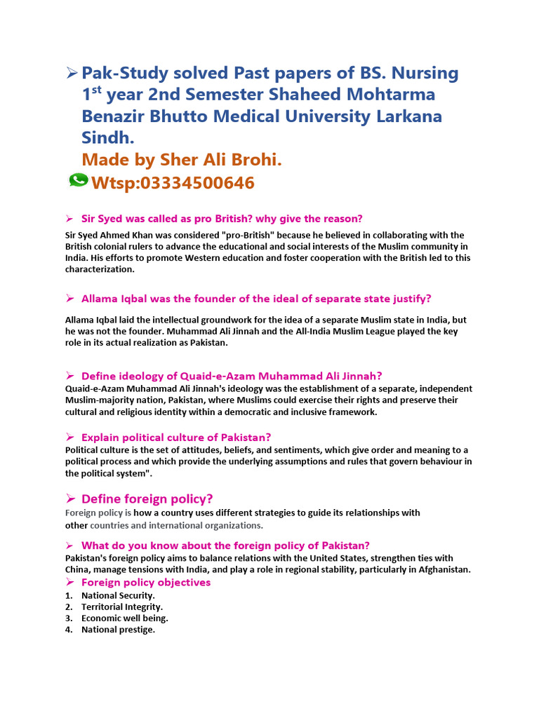 Pak Studies Past Papers for Nursing BS | PDF | Two Nation Theory | Pakistan