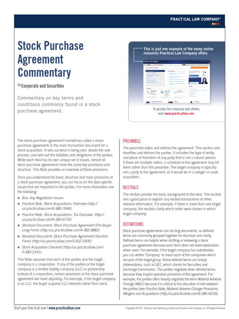 Stock Purchase Agreement Commentary: Corporate and Securities | PDF ...