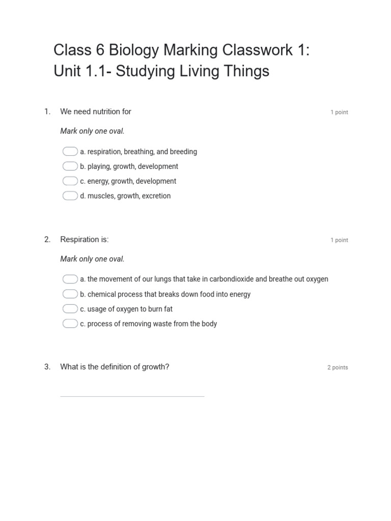 Class 6 Biology Marking Classwork 1 - Unit 1.1 - Studying Living Things | PDF | Life | Biology