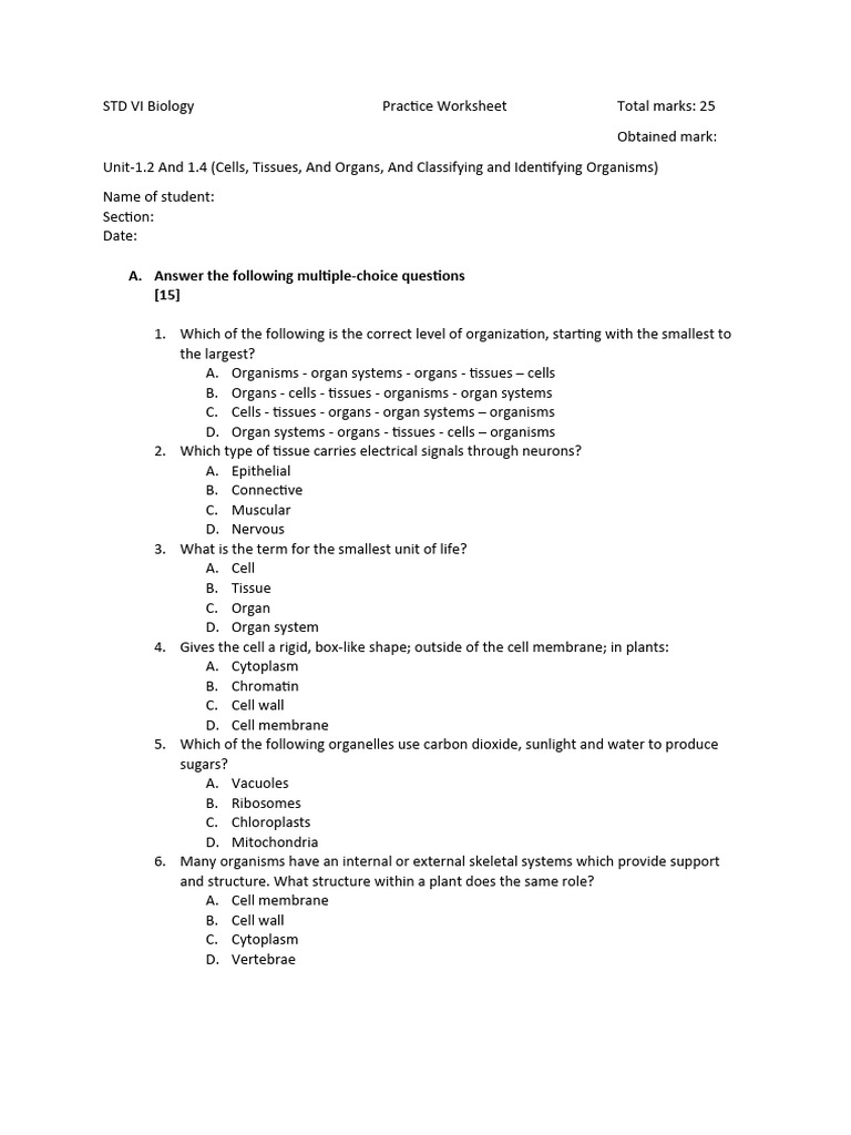 Cells, Tissues, and Organ Systems Quiz | PDF | Cell (Biology) | Tissue ...