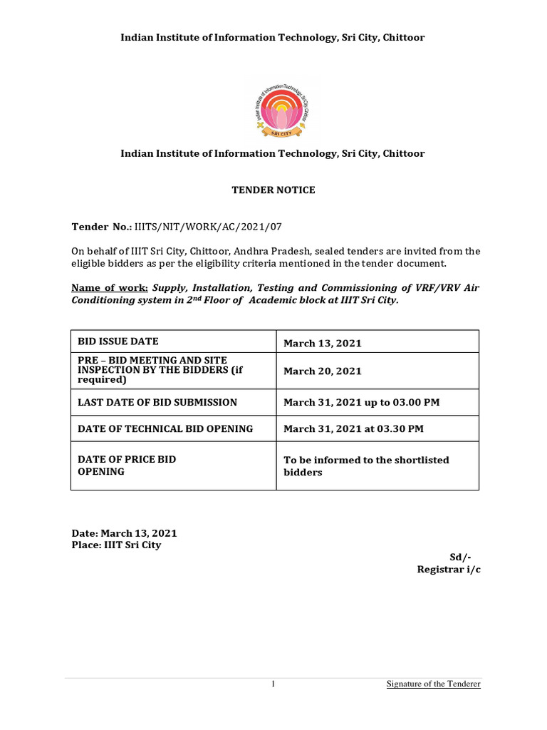 IIIT Sri City AC System Tender | PDF | Heat Exchanger | Air Conditioning