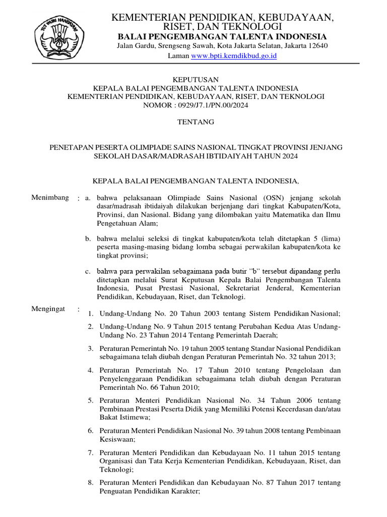 Sk Penetapan Peserta Osn-p Jenjang Sd Tahun 2024 | PDF