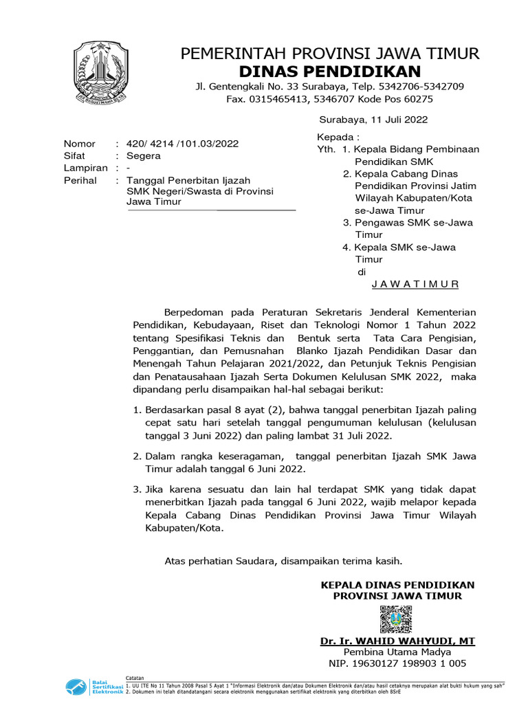 SURAT EDARAN PENERBITAN IJAZAH SMK TAHUN 2022 - Sign | PDF