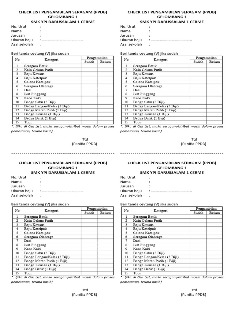 Checklist Seragam PPDB SMK YPI Darussalam | PDF