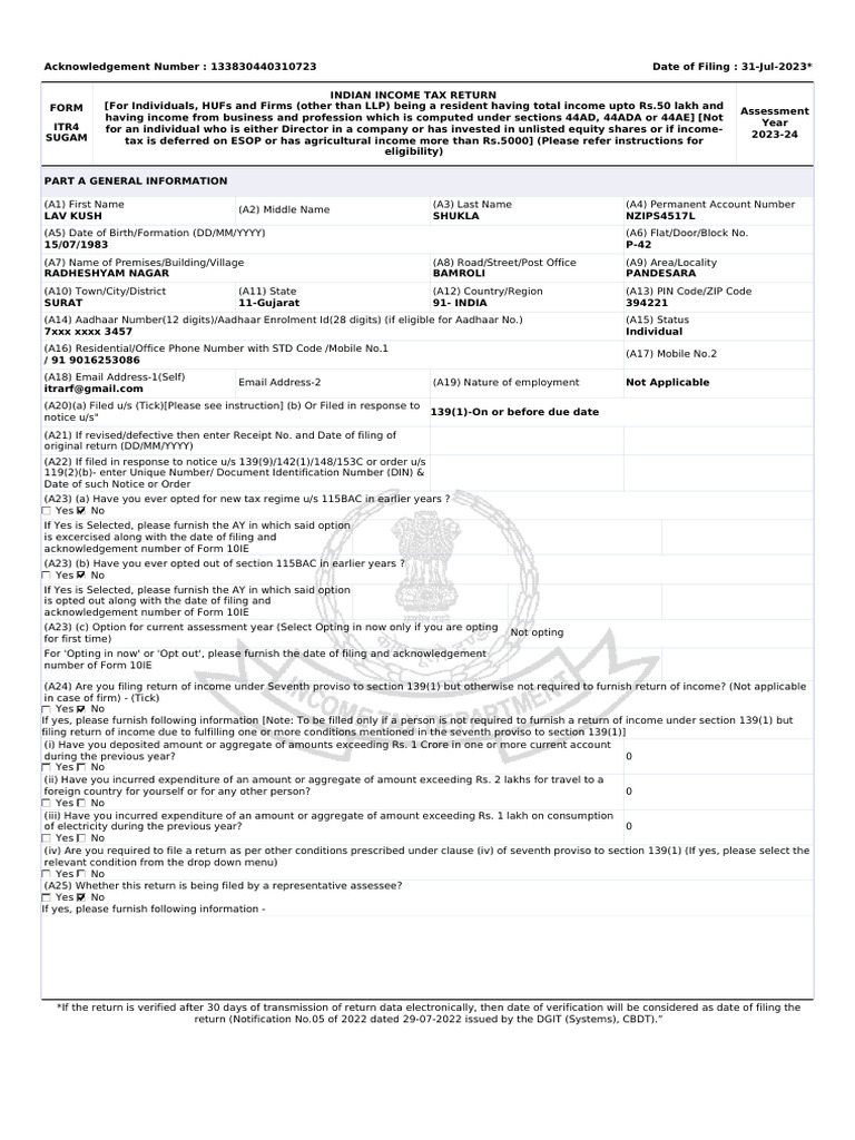 ITR-4 Sugam Indian Tax Return 2023 | PDF | Tax Deduction | Economies