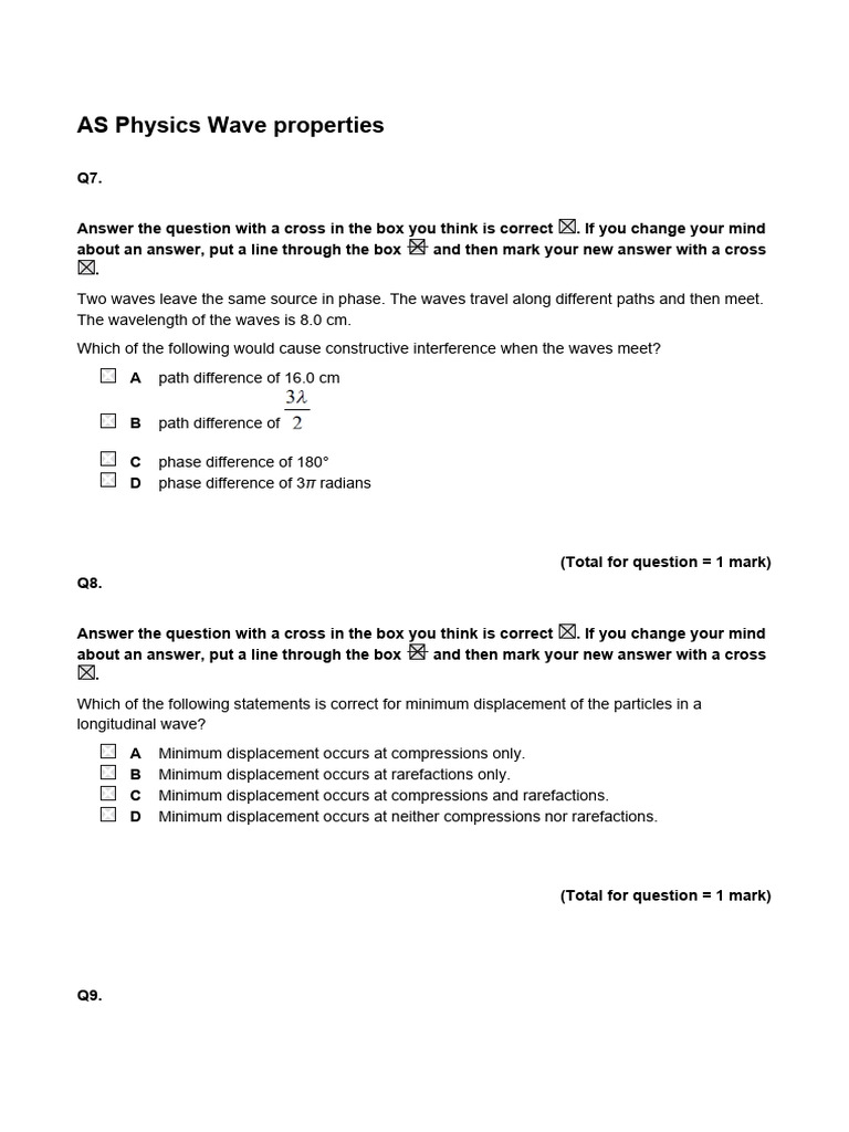 AS Physics Wave Properties Quiz | PDF | Waves | Wavelength