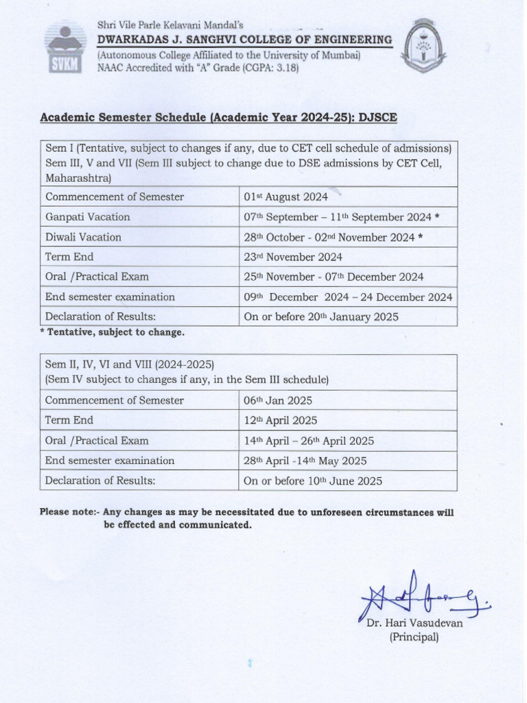 Academic Schedule AY 2024-2025 DJSCE | PDF