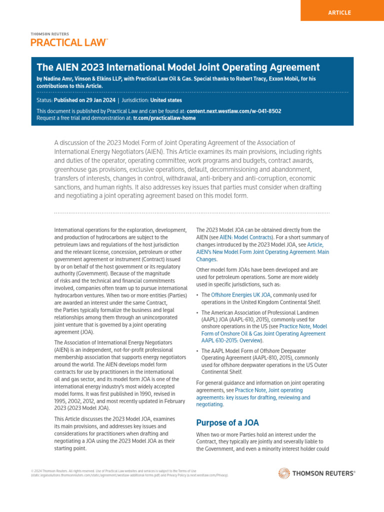 The AIEN 2023 International Model Joint Operating Agreementw 041 8502 | PDF