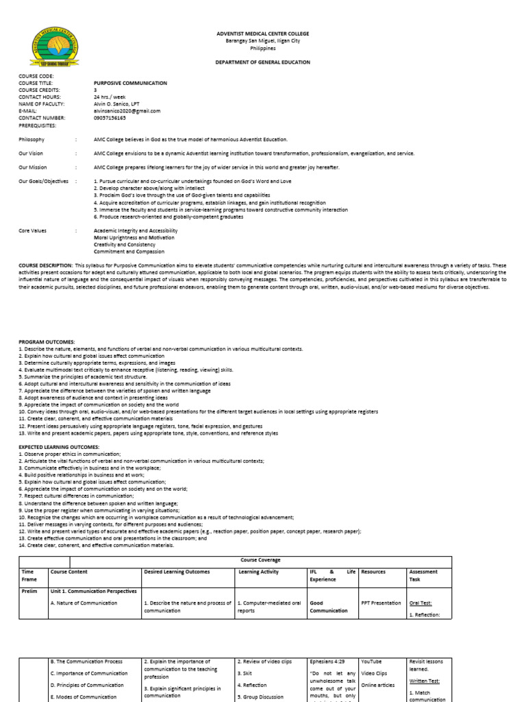 Syllabus Purposive Communication - New | PDF | Communication ...