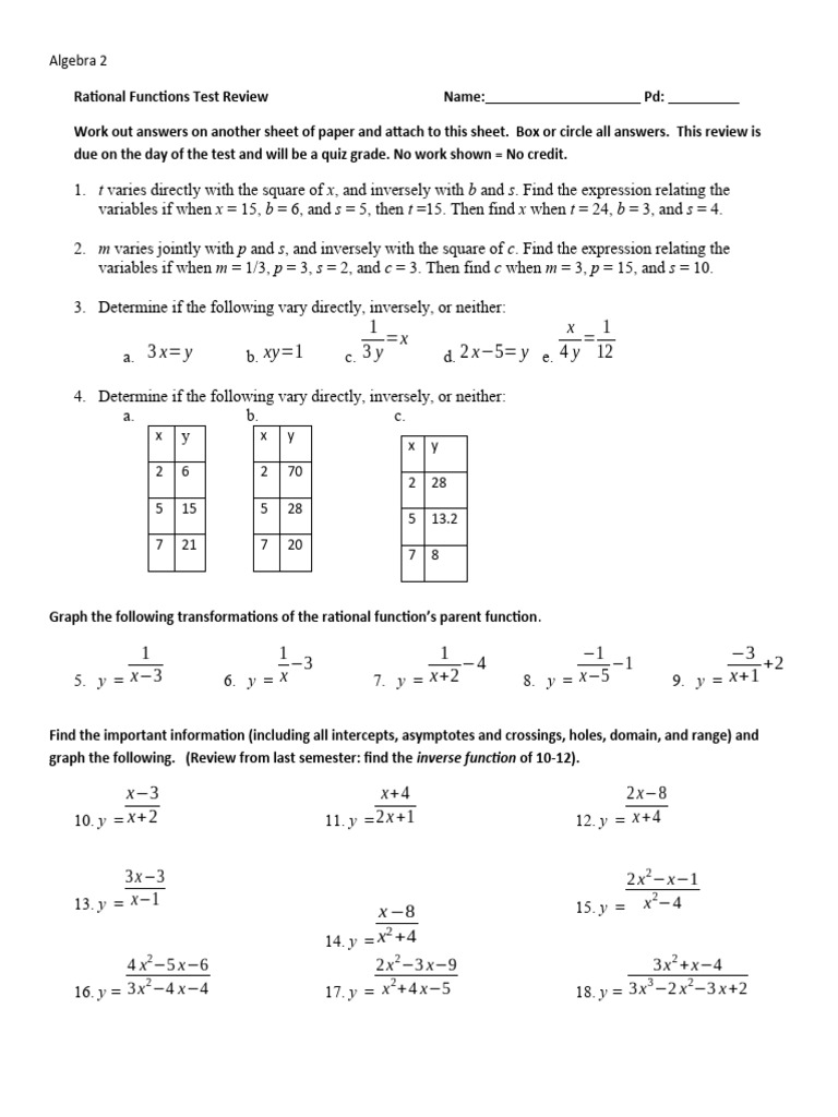 Alg 2 Rational Functions Test Review And Key 1 Download Free Pdf