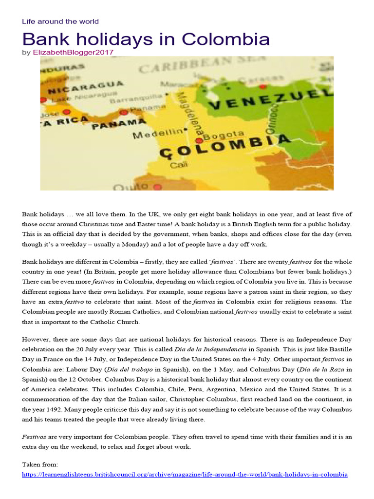 Bank+Holidays+in+Colombia+ +Reading+Task | PDF