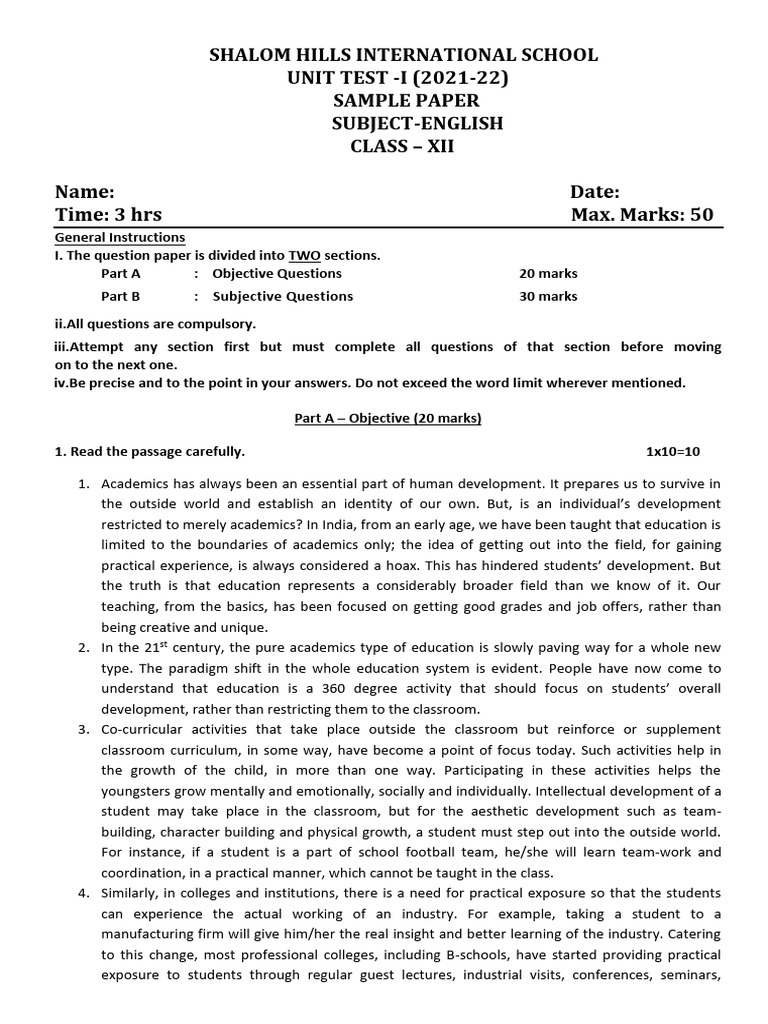 Xii Sample Paper Unit Test1 202122 | PDF | Lecture | Classroom