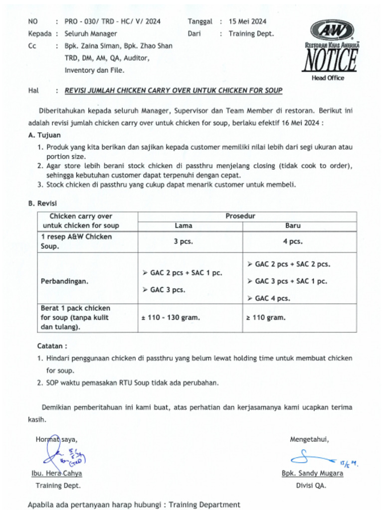 Notice PRO 030 - Revisi Jumlah Chicken Carry Over Untuk Chicken For Soup | PDF