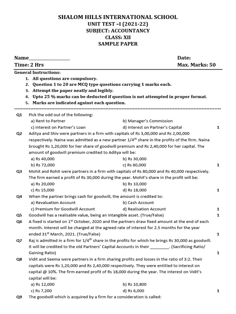 UT_I__Acc._Sample_Paper | PDF | Goodwill (Accounting) | Balance Sheet
