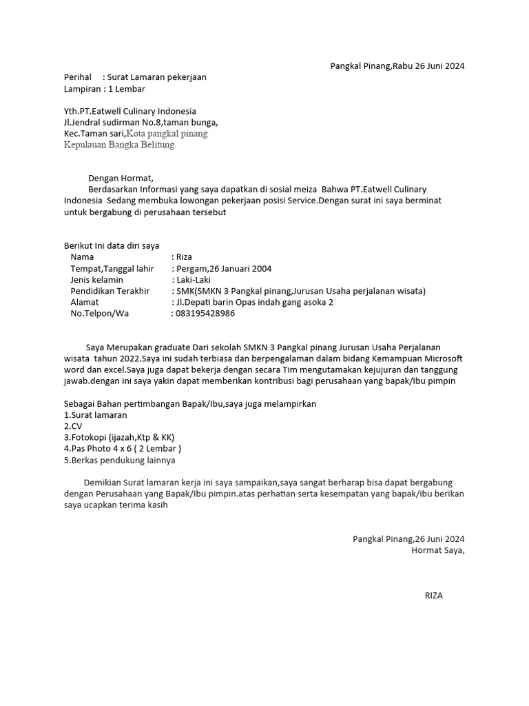 Surat Lamaran Kerja PT Eatwell Culinary Indonesa | PDF