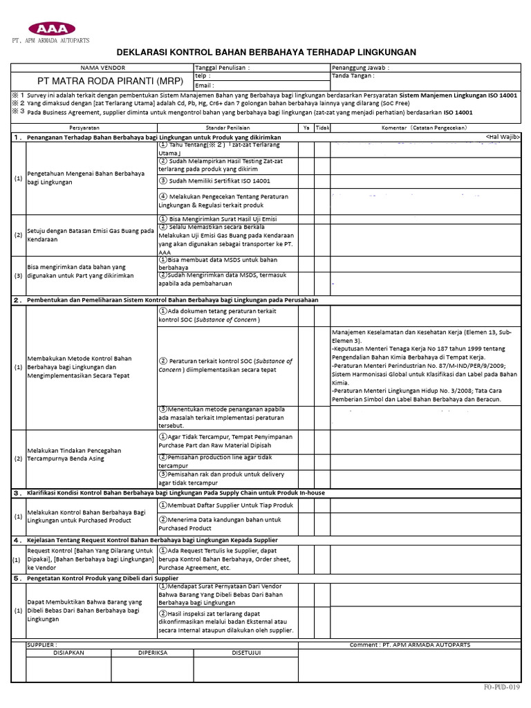 Fo-Pud-019 (Deklarasi Kontrol Bahan Berbahaya) | PDF