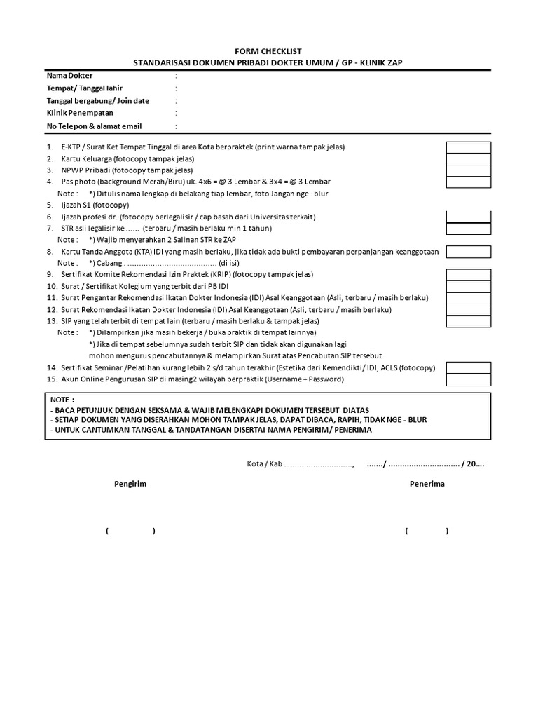 (NEW) Checklist Dokumen SIP Dokter Umum - GP - Klinik ZAP | PDF
