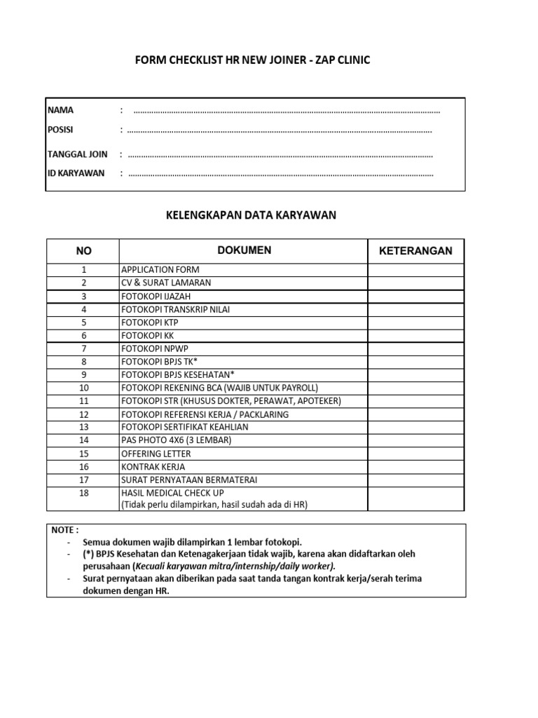 [NEW] Checklist HR New Joiner | PDF
