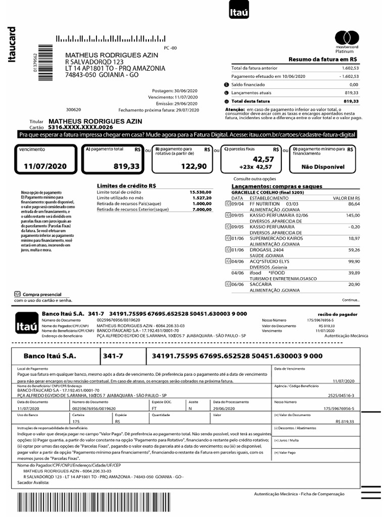 Itaucard 0026 Fatura 202007-1 | PDF
