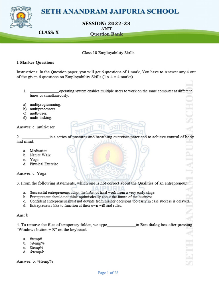 Class 10 Employability Skills Question Bank | PDF | Operating System ...