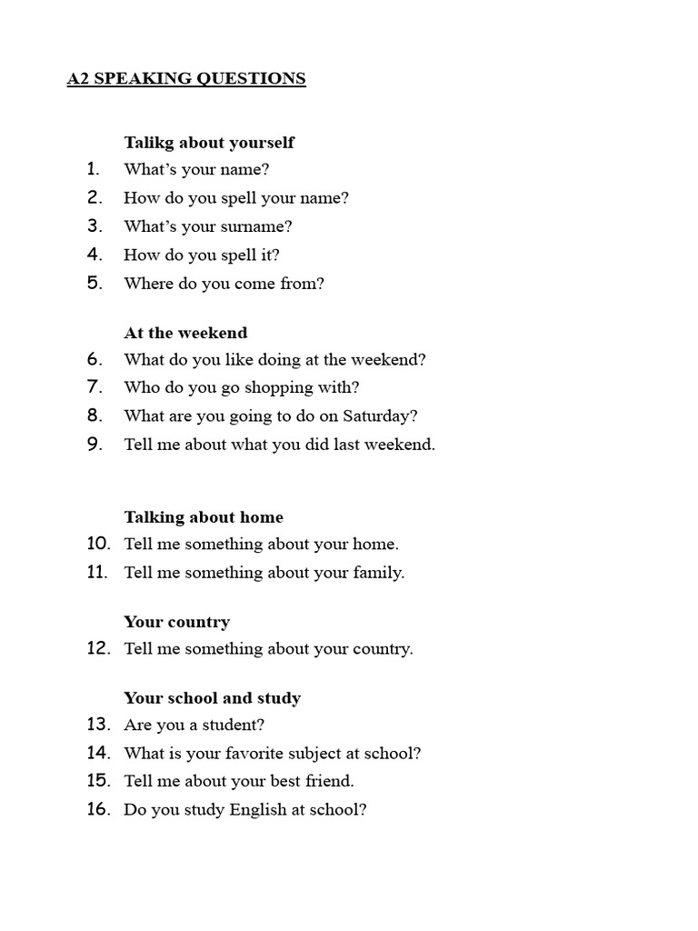 A2 speaking questions | PDF