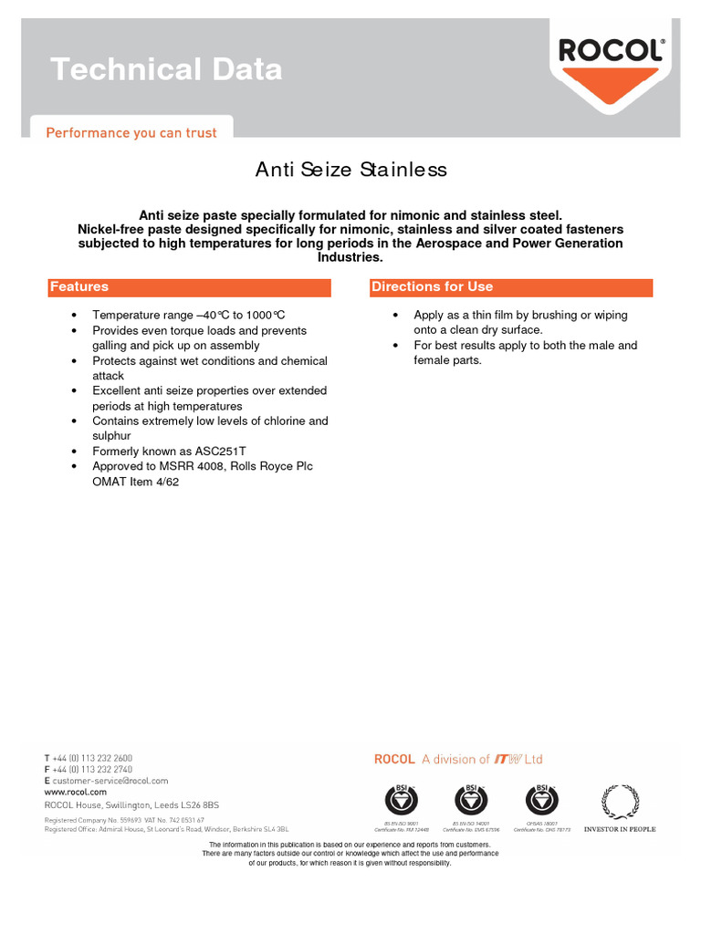 Anti Seize Stainless TDS | PDF | Metals | Chemical Substances