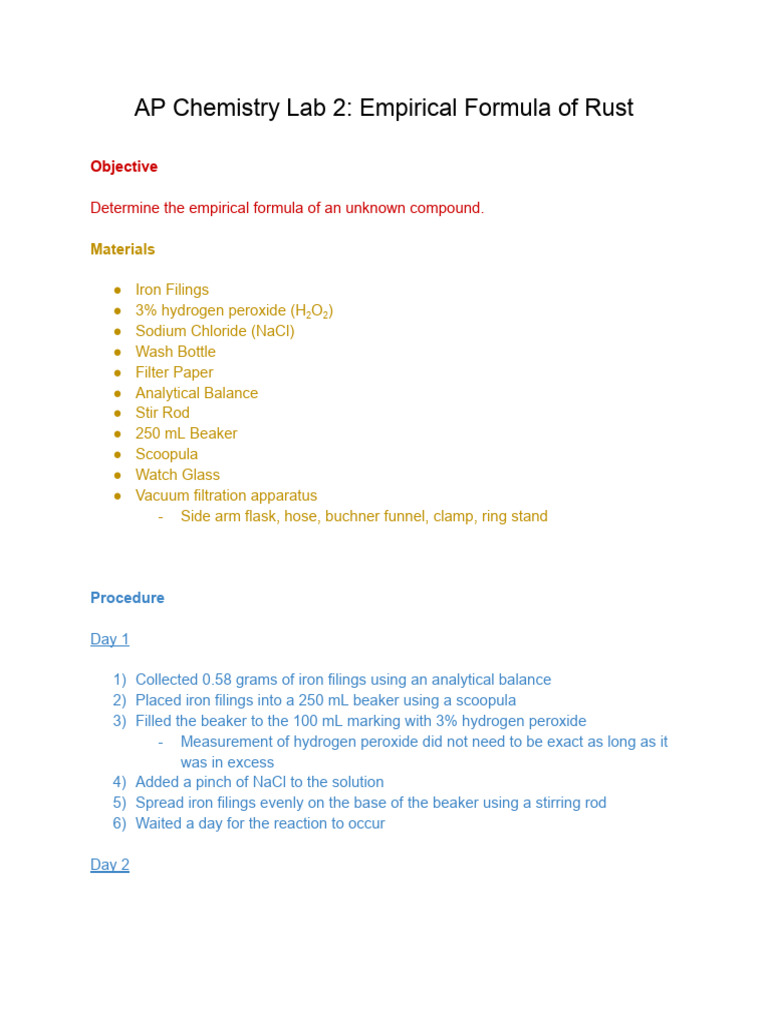 AP Chem Lab 2 - Empirical Formula - 2 | PDF | Filtration | Rust
